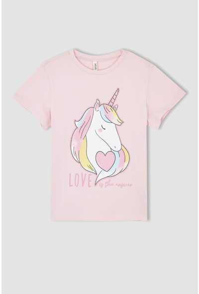DeFacto Kız Çocuk Regular Fit Unicorn Baskılı Kısa Kollu Pamuklu Tişört X2048A622SM DeFacto Kız Çocuk Regular Fit Unicorn Baskılı Kısa Kollu Pamuklu Tişört X2048A622SM