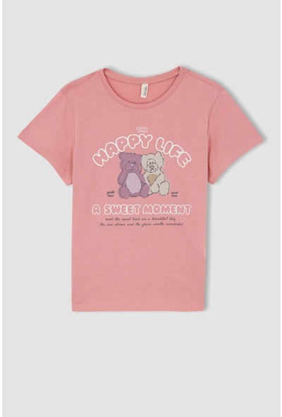 DeFacto Kız Çocuk Regular Fit Ayıcık Baskılı Kısa Kollu Pamuklu Tişört X2048A622SM