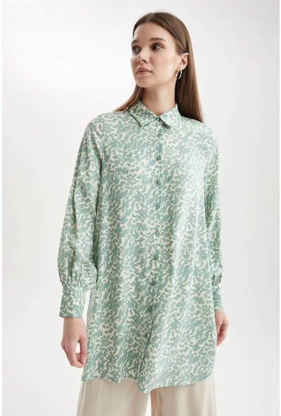 DeFacto Regular Fit Gömlek Yaka Baskılı Uzun Kollu Tunik W9923AZ22SP