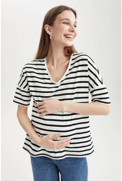 DeFacto Hamile Çizgili V Yaka Kısa Kollu Üst V1073AZ22SP