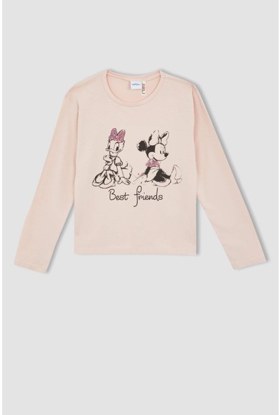 DeFacto Kız Çocuk Mickey & Minnie Mouse Lisanslı Bisiklet Yaka Pamuklu Uzun Kollu Tişört X0420A622SP