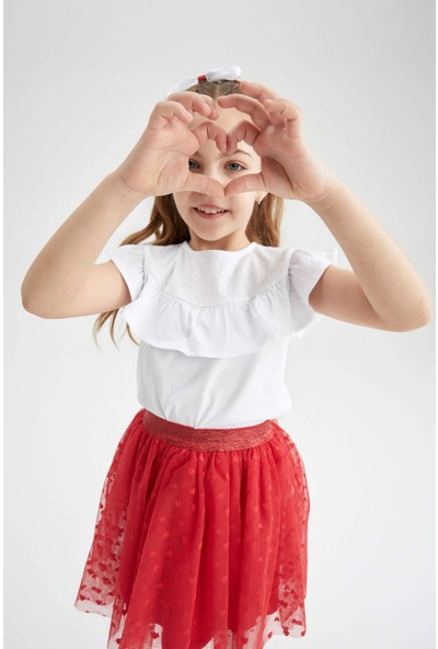 DeFacto Kız Çocuk Regular Fit Fırfır Detaylı Kısa Kollu Tişört W9065A622SM