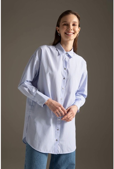 DeFacto Relax Fit Çizgili Uzun Kollu Pamuklu Poplin Tunik Gömlek W8611AZ22SP DeFacto Relax Fit Çizgili Uzun Kollu Pamuklu Poplin Tunik Gömlek W8611AZ22SP