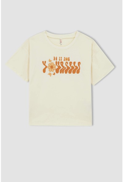DeFacto Kız Çocuk Crop Baskılı Kısa Kollu Tişört W7905A622SM