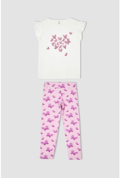 DeFacto Kız Çocuk Regular Fit Bisiklet Yaka Kelebek Baskılı Pamuklu Kolsuz Tişört Uzun Tayt Takım X1616A622SM