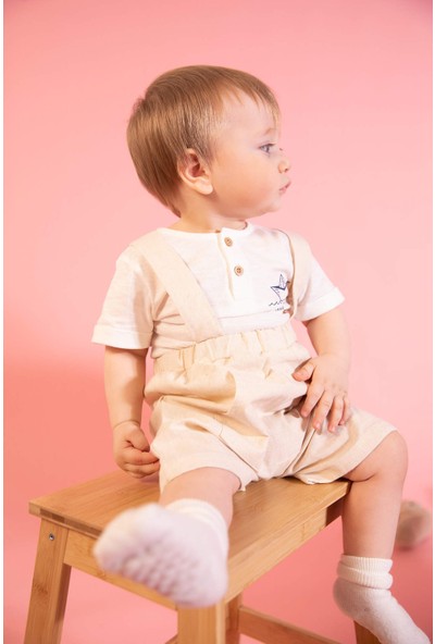 DeFacto Erkek Bebek Çıtçıtlı Kısa Kollu Tişört Keten Görünümlü Askılı Şort Takım X5787A222SP
