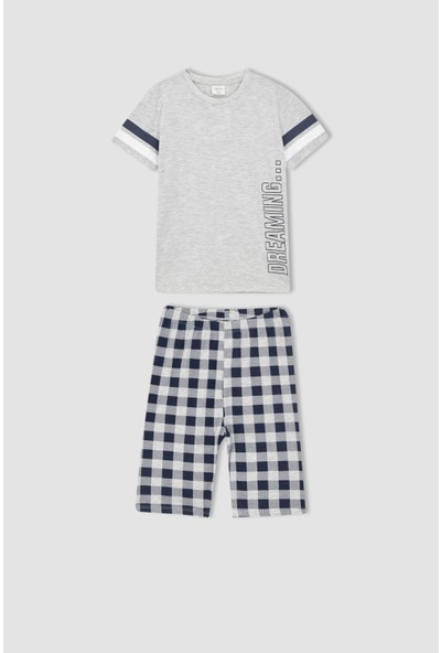 DeFacto Erkek Çocuk Regular Fit Kareli Pamuklu Kısa Kollu Şort Pijama Takım X2388A622SM