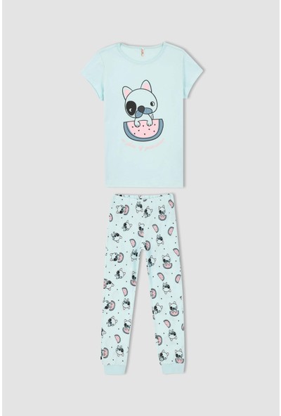 DeFacto Kız Çocuk Regular Fit Baskılı Kısa Kollu Pamuklu Pijama Takım W6874A622SM