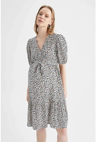 DeFacto Regular Fit V Yaka Desenli Volanlı Hamile Elbise X6047AZ22SM