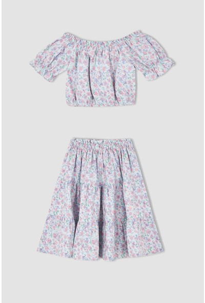 DeFacto Kız Çocuk Regular Fit Desenli Kısa Kollu Crop Bluz Volanlı Etek Takım W7762A622SM DeFacto Kız Çocuk Regular Fit Desenli Kısa Kollu Crop Bluz Volanlı Etek Takım W7762A622SM
