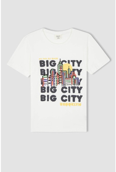 DeFacto Erkek Çocuk Regular Fit Slogan Baskılı Kısa Kollu Pamuklu Penye Tişört X7099A622SP