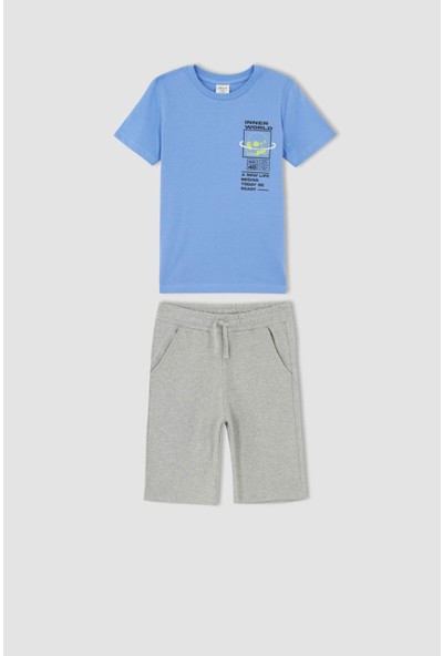 DeFacto Erkek Çocuk Regular Fit Baskılı Kısa Kollu Pamuklu Tişört Bermuda Şort Takım X5550A622SM
