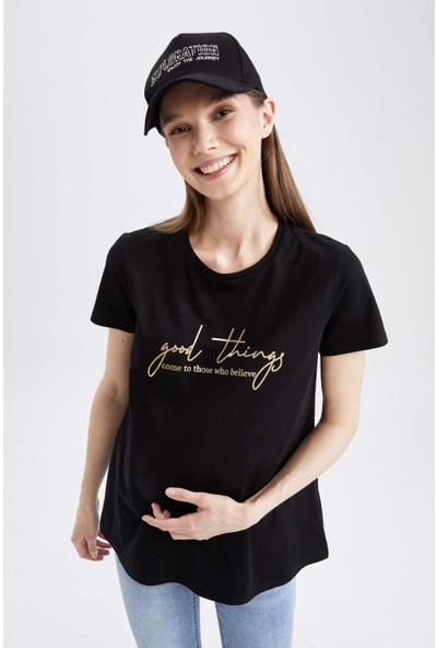 DeFacto Regular Fit Slogan Baskılı Pamuklu Bisiklet Yaka Hamile Tişört X5970AZ22SM