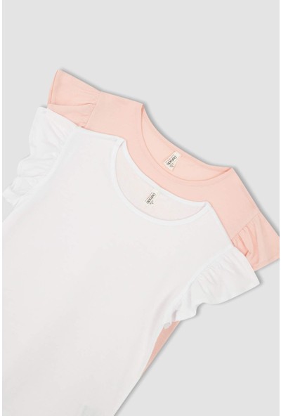 DeFacto Kız Çocuk Regular Fit Bisiklet Yaka 2'li Kısa Kollu Tişört X5035A622SM
