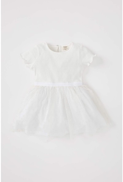 DeFacto Kız Bebek Regular Fit Bisiklet Yaka Kısa Kollu Kaşkorse Tütü Elbise X6156A222SM