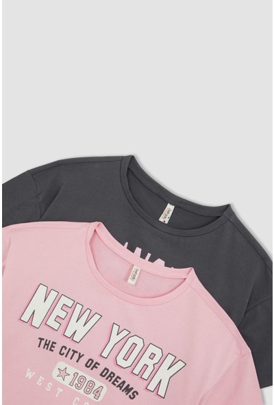 DeFacto Kız Çocuk Defacto Fit Yazı Baskılı Kısa Kollu 2'li Crop Tişört V1063A622SM