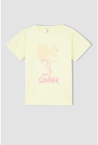 DeFacto Kız Çocuk Regular Fit Flamingo Baskılı Kısa Kollu Tişört X5052A622SM