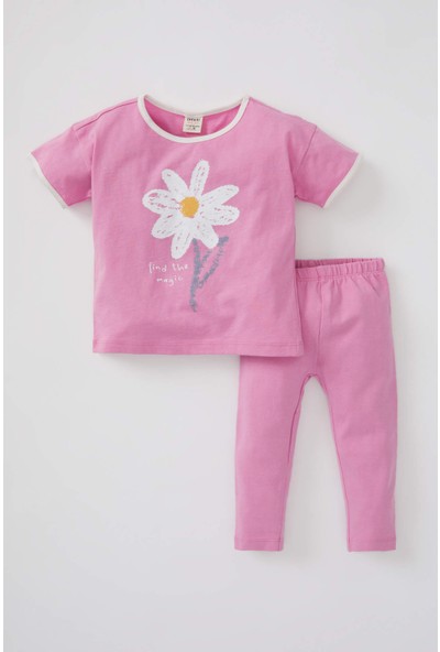 DeFacto Kız Bebek Regular Fit Bisiklet Yaka Kısa Kollu Baskılı Tişört Tayt Takım X6214A222SM