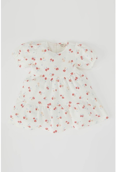 DeFacto Kız Bebek Çiçek Desenli Waffle Dokulu Kısa Kollu Elbise X1964A222SP