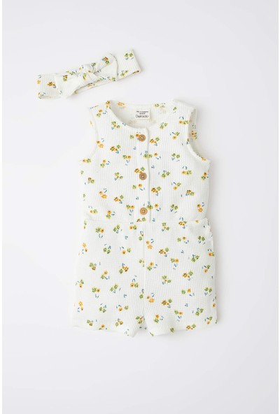 DeFacto Kız Bebek Waffle Regular Fit Bisiklet Yaka Kolsuz Bandana Kısa Tulum Takım X8955A222SM