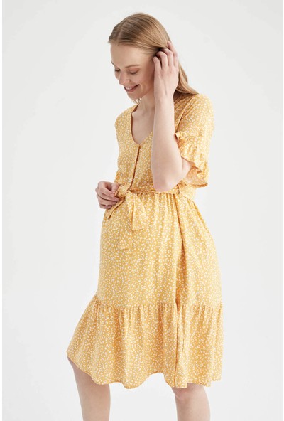 DeFacto Regular Fit V Yaka Çiçek Desenli Kısa Kollu Hamile Elbise X5470AZ22SM