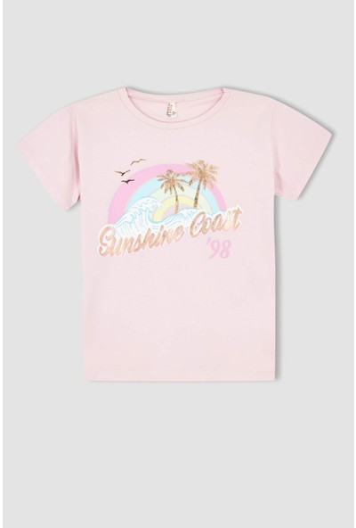 DeFacto Kız Çocuk Regular Fit Palmiye Baskılı Kısa Kollu Tişört X5052A622SM