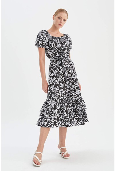 DeFacto Carmen Yaka Kısa Kollu Çiçekli Midi Elbise W4132Az21Hs