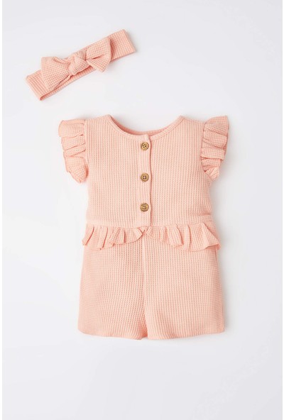 DeFacto Kız Bebek Regular Fit Bisiklet Yaka Kısa Kollu Waffle Kısa Kollu Tulum Saç Bandana Takım X7913A222SM