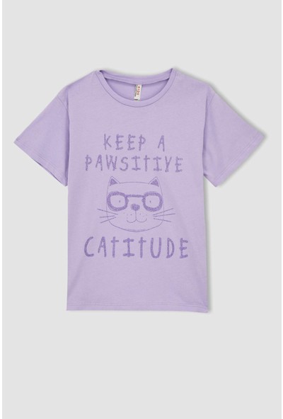 DeFacto Kız Çocuk Regular Fit Baskılı Kısa Kollu Pamuklu Tişört X2052A622SM