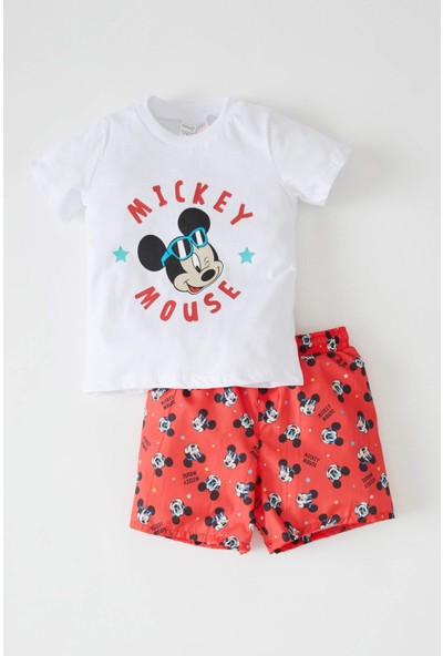 DeFacto Erkek Bebek Disney Mickey & Minnie Lisanslı Tiişört Yüzme Şort Takım T4118A222SM