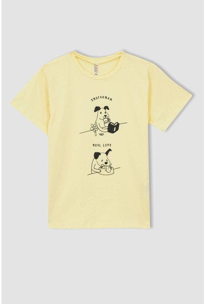 DeFacto Kız Çocuk Regular Fit Baskılı Kısa Kollu Pamuklu Tişört X2052A622SM