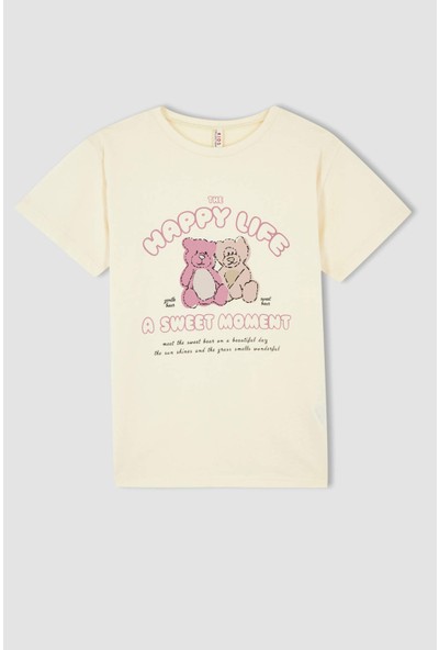 DeFacto Kız Çocuk Regular Fit Ayıcık Baskılı Kısa Kollu Pamuklu Tişört X2048A622SM