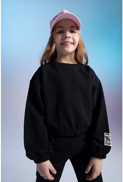 DeFacto Kız Çocuk Crop Bisiklet Yaka Baskılı Kalın Sweatshirt Kumaşı Sweatshirt X3667A622SP