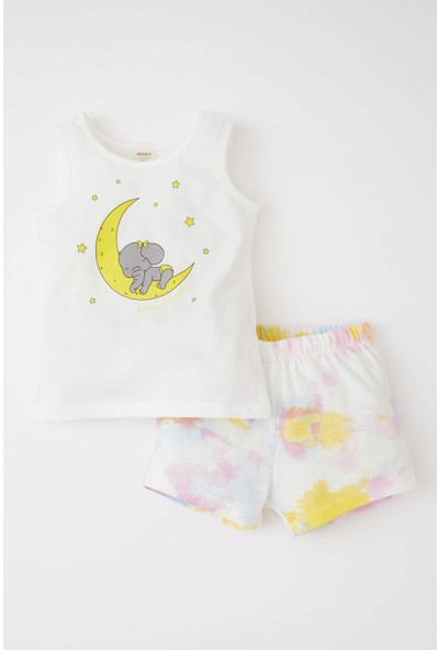 DeFacto Kız Bebek Regular Fit Ay Baskılı Bisiklet Yaka Pamuklu Kolsuz Şort Pijama Takım X6483A222SM