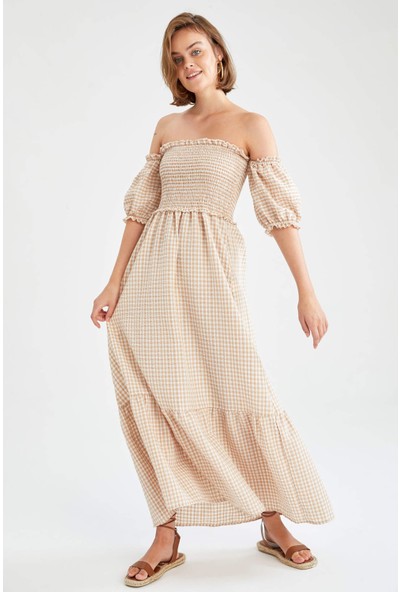 DeFacto Carmen Yaka Kısa Kollu Maxi Elbise W4178Az21Hs