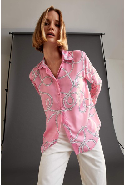 DeFacto Oversize Fit Desenli Saten Gömlek Tunik T6892Az21Au
