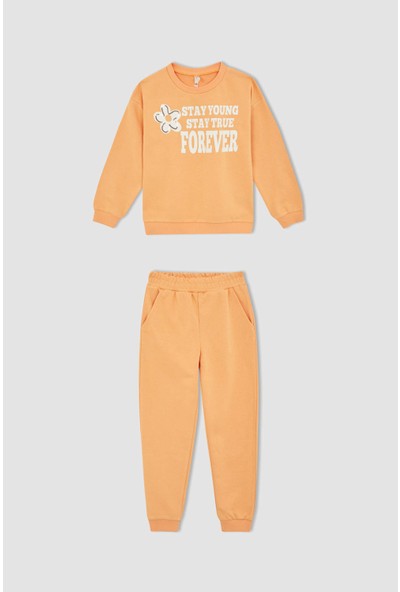 DeFacto Kız Çocuk Regular Fit Bisiklet Yaka Baskılı Sweatshirt Jogger Eşofman Takım W7123A622SP