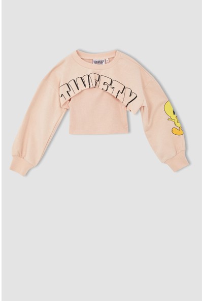 DeFacto Kız Çocuk Looney Tunes Lisanslı Crop Bisiklet Yaka Sweatshirt Ve İç Atlet 2'li Takım X0204A622SP