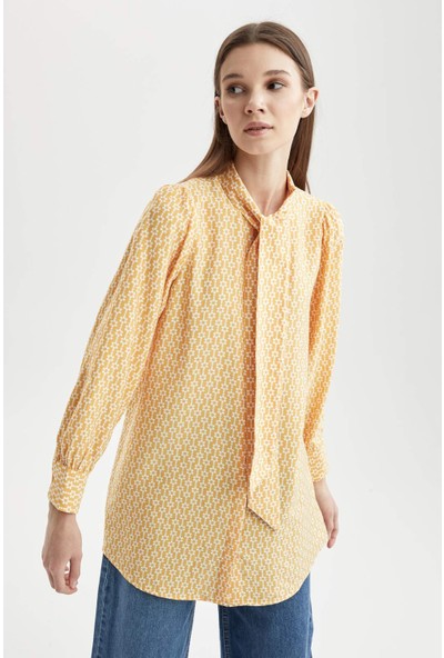 DeFacto Regular Fit Desenli Fular Yaka Uzun Kollu Dokulu Gömlek Tunik W8609AZ22SP