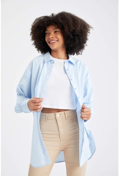 DeFacto Oversize Fit Gömlek Yaka Uzun Kollu Poplin Uzun Kollu Tunik T5494AZ22SP