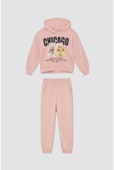 DeFacto Kız Çocuk Kapüşonlu Ayıcık Baskılı Sweatshirt Eşofman Alt Takım W7111A622SP