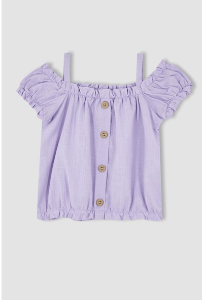 DeFacto Kız Çocuk Regular Fit Kolsuz Keten Görünümlü Kısa Kollu Bluz T4062A622SM