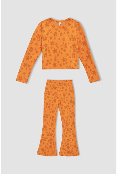 DeFacto Kız Çocuk Desenli Uzun Kollu Tişört İspanyol Paça Pantolon Takım W7919A622SP