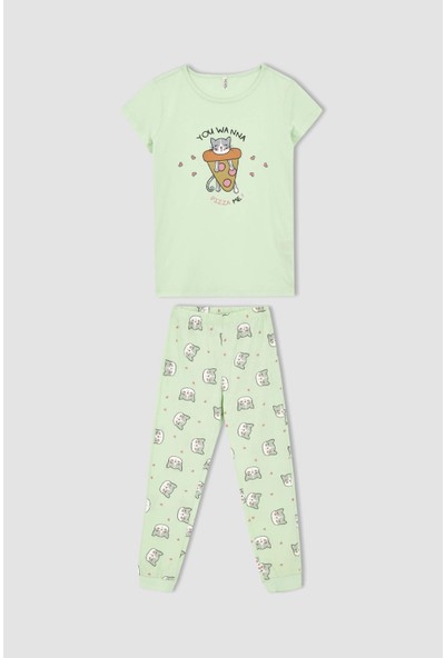 DeFacto Kız Çocuk Kedi Baskılı Kısa Kollu Pamuklu Pijama Takım W6879A622SP