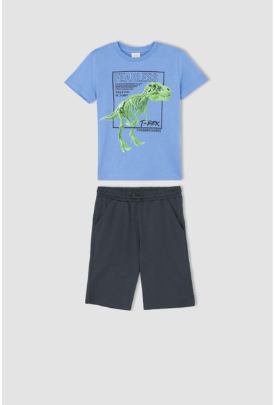 DeFacto Erkek Çocuk Dinozor Baskılı Kısa Kollu Pamuklu Tişört Şort Takım X4448A622SP