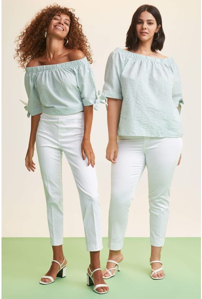 Defacto Çizgili Carmen Yaka Bağlama Detaylı Yarım Kollu Bluz U4286AZ21SM