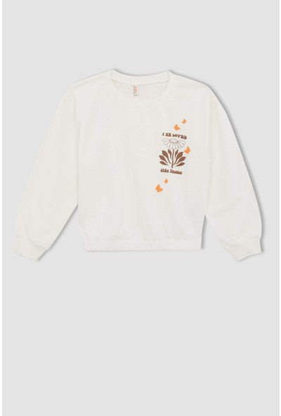 DeFacto Kız Çocuk Crop Bisiklet Yaka Çiçek Baskılı Sweatshirt W7900A622SP