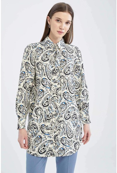 DeFacto Regular Fit Desenli Fular Yaka Uzun Kollu Gömlek Tunik X3322AZ22SM
