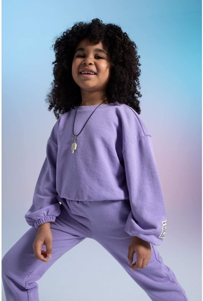 DeFacto Kız Çocuk Crop Bisiklet Yaka Baskılı Kalın Sweatshirt Kumaşı Sweatshirt W6691A622SP