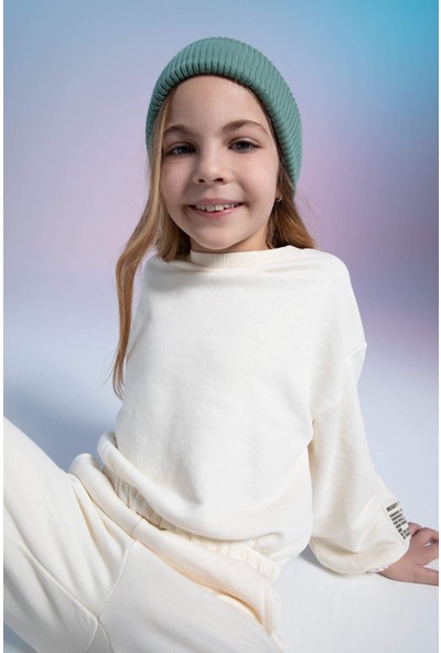 DeFacto Kız Çocuk Crop Bisiklet Yaka Baskılı Kalın Sweatshirt Kumaşı Sweatshirt W6691A622SP
